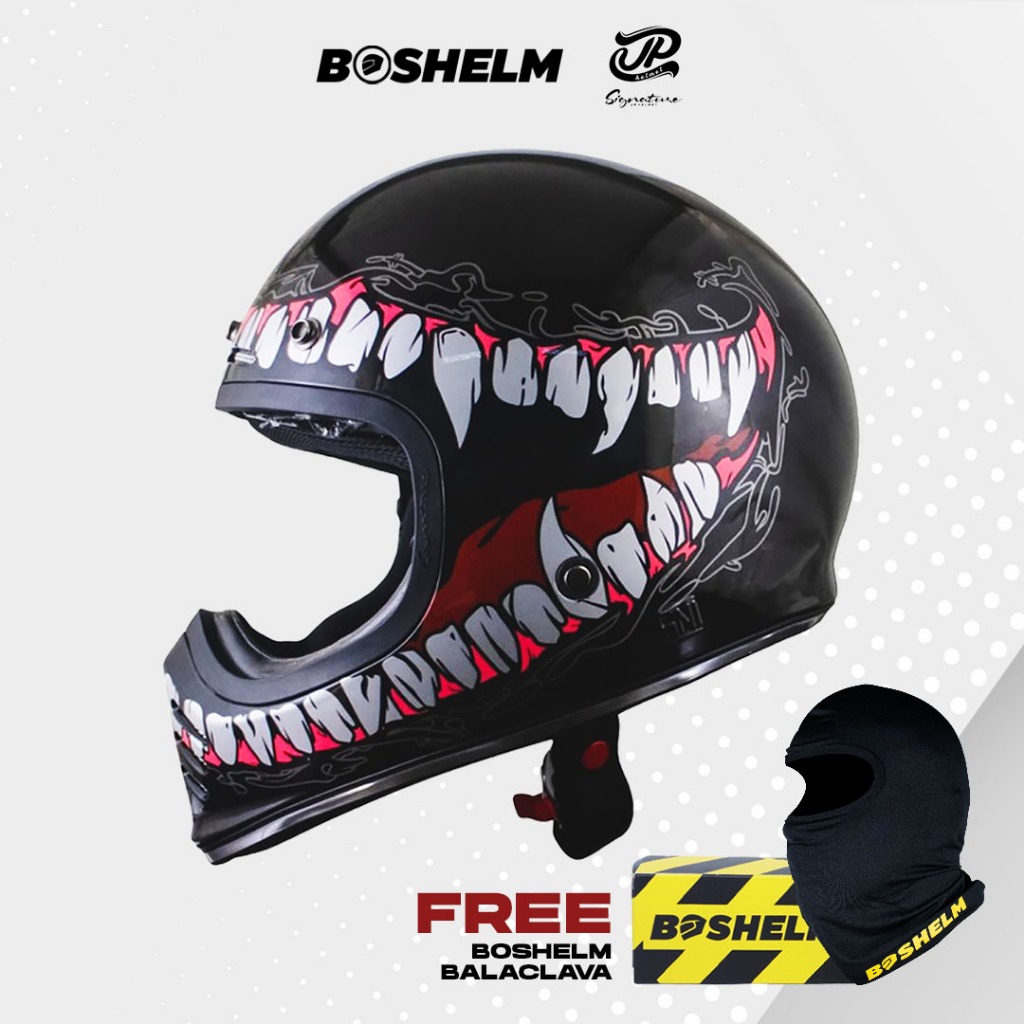 Jual BOSHELM Helm Cakil JP Signature SGN-06 VENOM BLACK Helm Retro Full ...