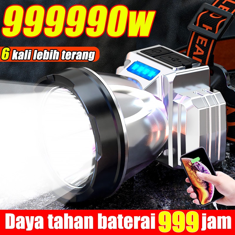 Jual 500Watt 1865000mah Senter Kepala super terang jarak jauh 900000m senter kepala led cas ...
