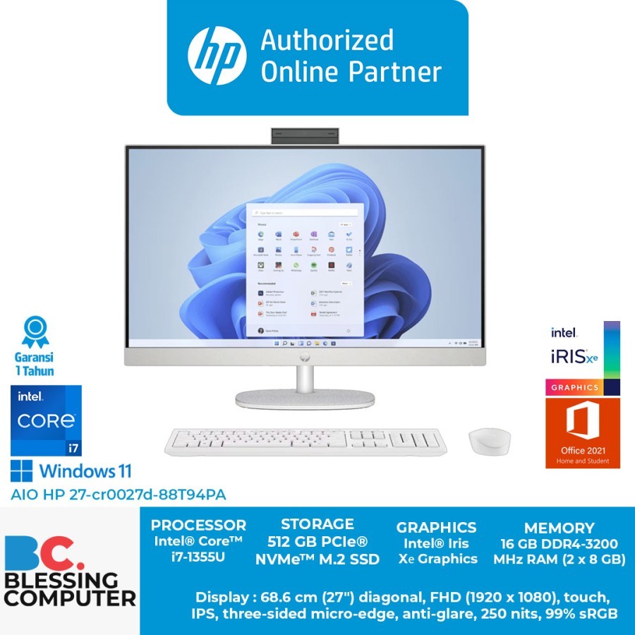 Jual AIO HP 27 cr0027d 88T94PA Core i7 1355U 16GB 512GB W11 OHS white Touch | Shopee Indonesia