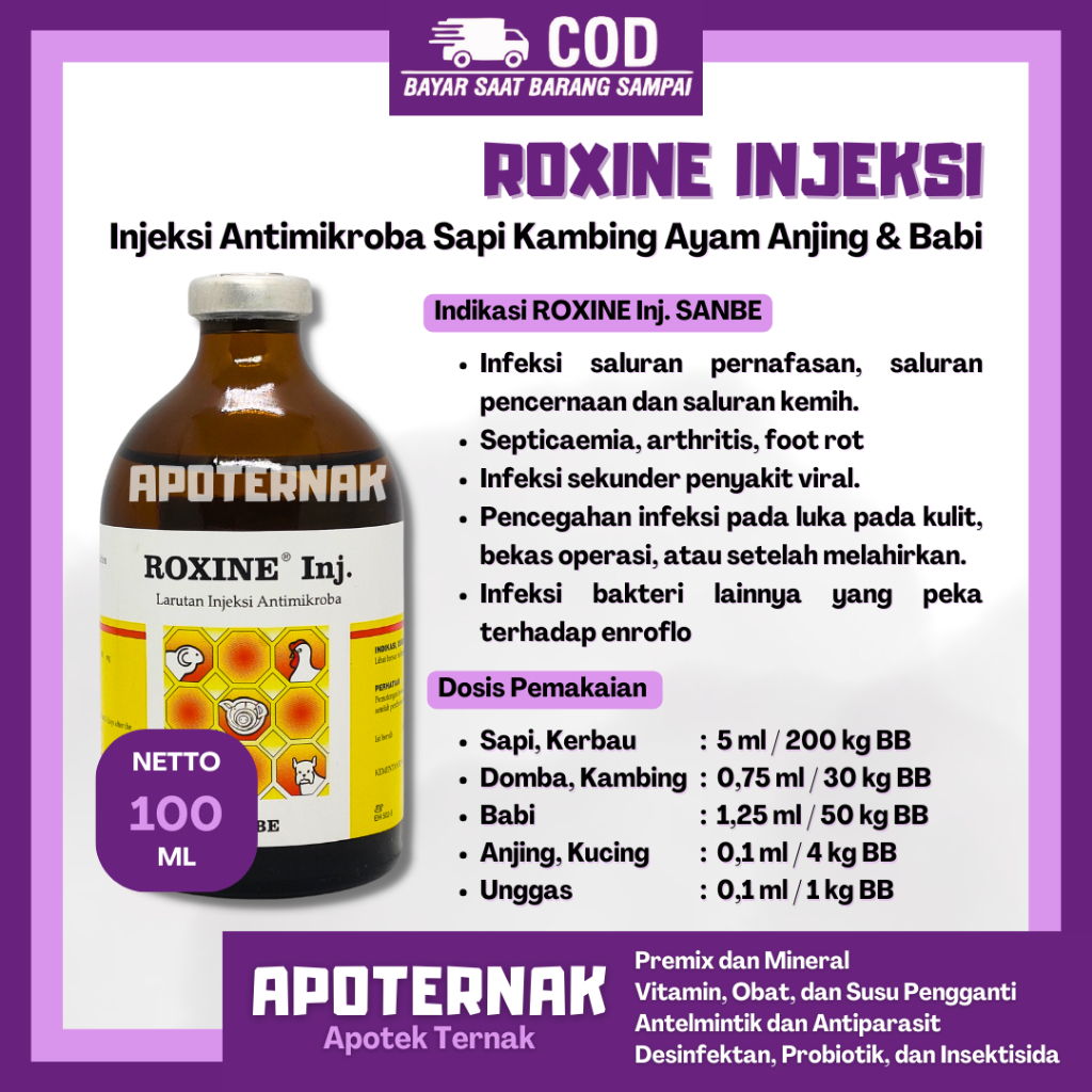 Jual ROXINE Injeksi 100mL - Obat Antibiotik Spektrum Luas Sapi Kambing Unggas - Obat Infeksi ...