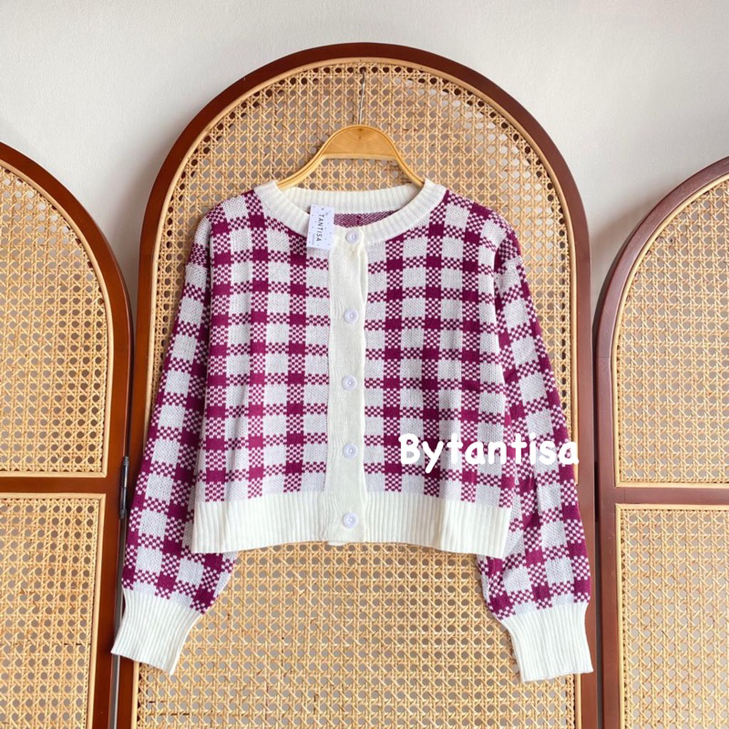 Jual SNOW CROP TOP CARDI Korean Rajut Sweater Cardigan Motif Kotak Kotak | CARDIGAN CROP TOP ...