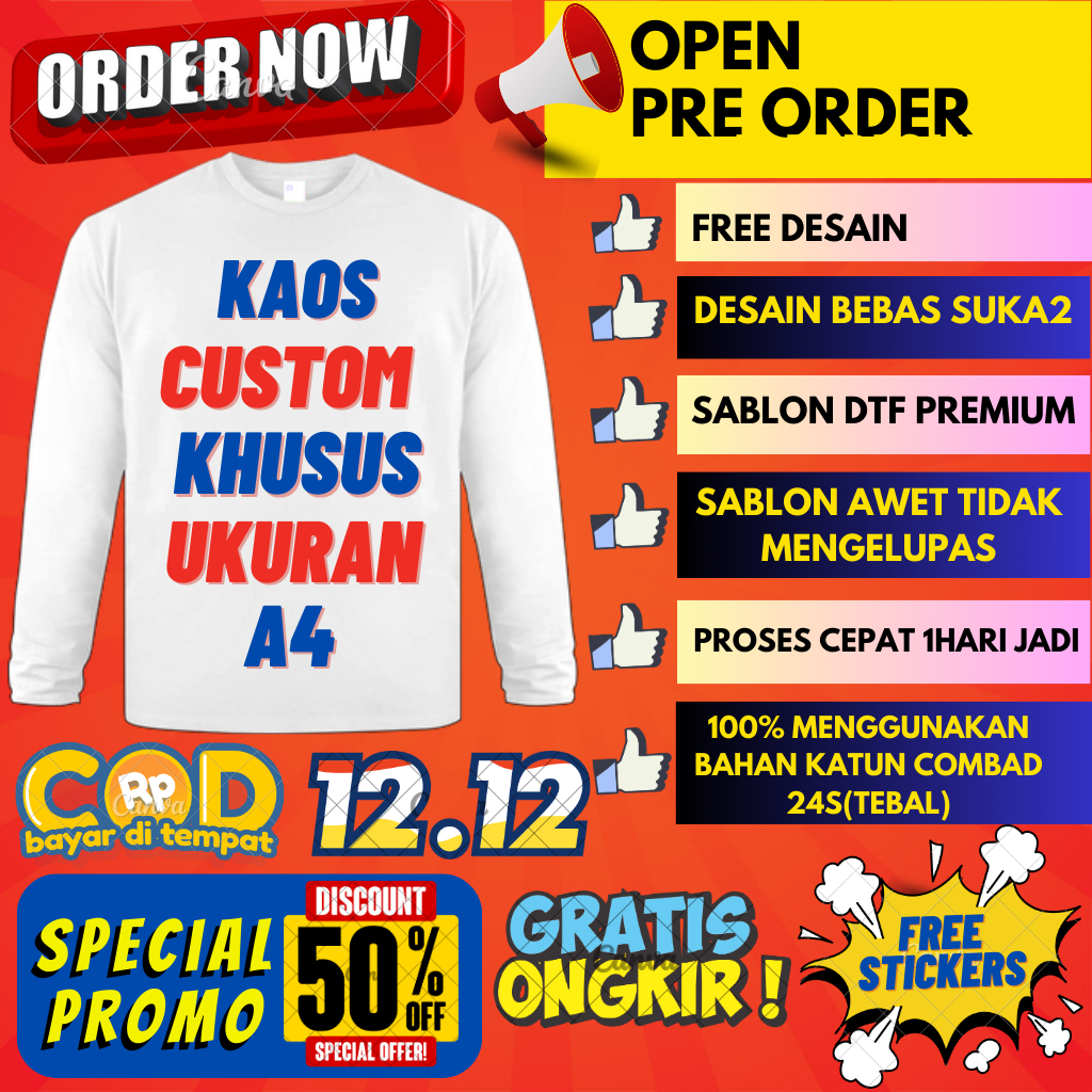 Jual KAOS CUSTOM UKURAN"A4"LENGAN PANJANG UKURAN DEWASA | Shopee Indonesia