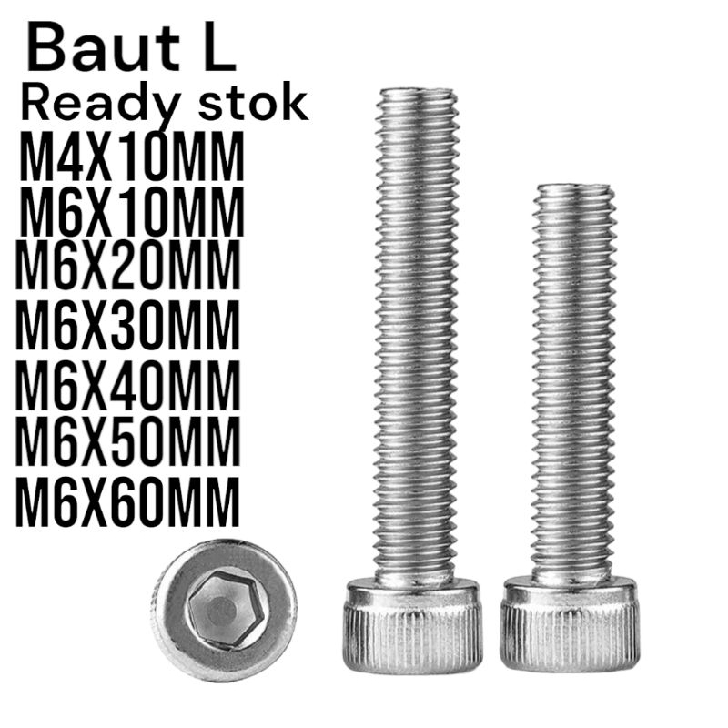 Jual BAUT L M6 STAINLESS STEL SUS 304 M6X10 20 30 40 50 60MM BAUT SOCKET M6 ANTI KARAT (HARGA ...