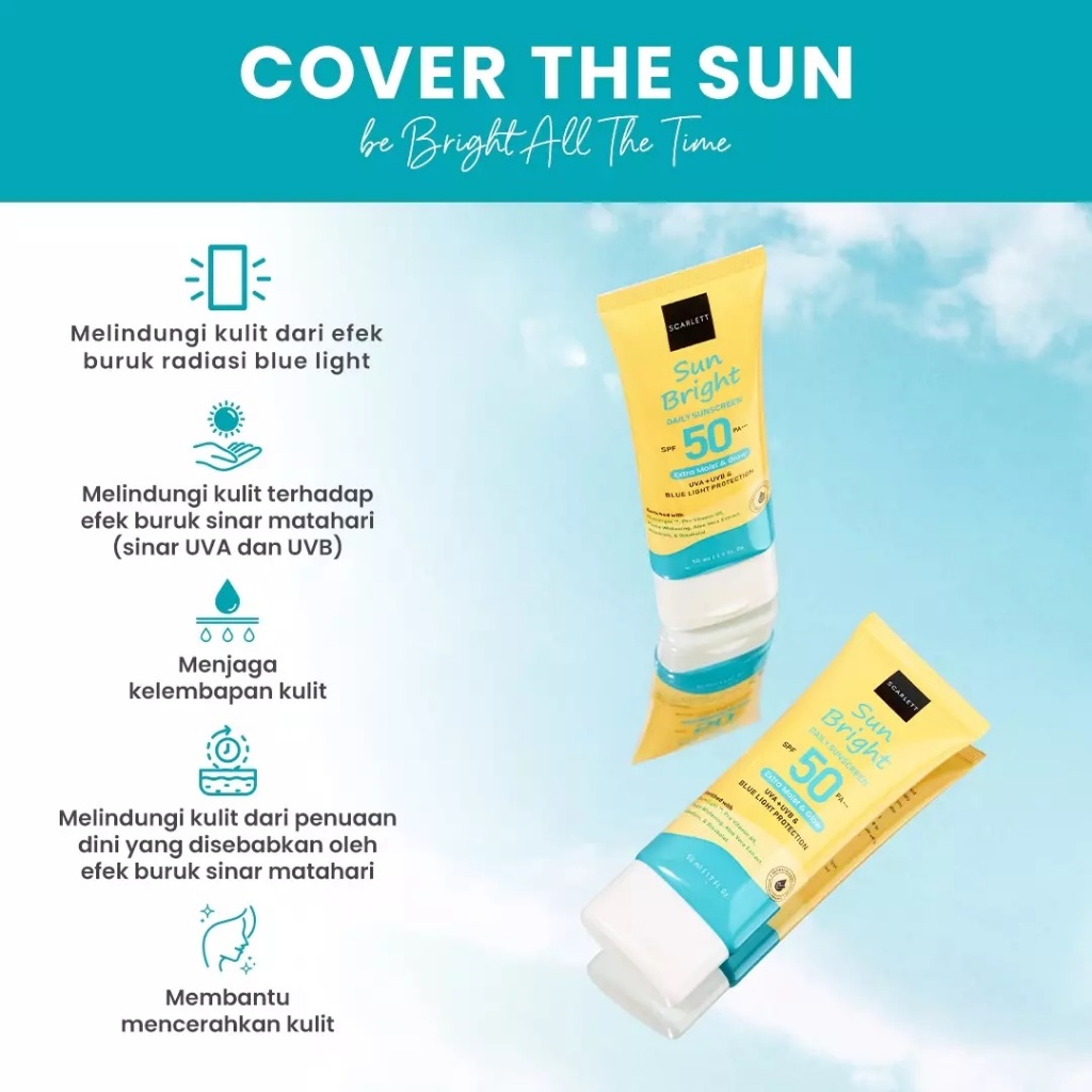Jual Scarlett Whitening Sunscreen Sun Bright Daily | Ultra Light Sunscreen SPF 50 PA+++| Water ...