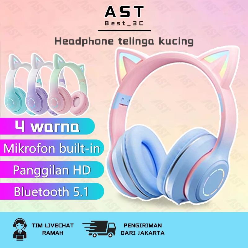 Jual Headphone telinga kucing bluetooth bass Mikrofon internal HD lucu ...