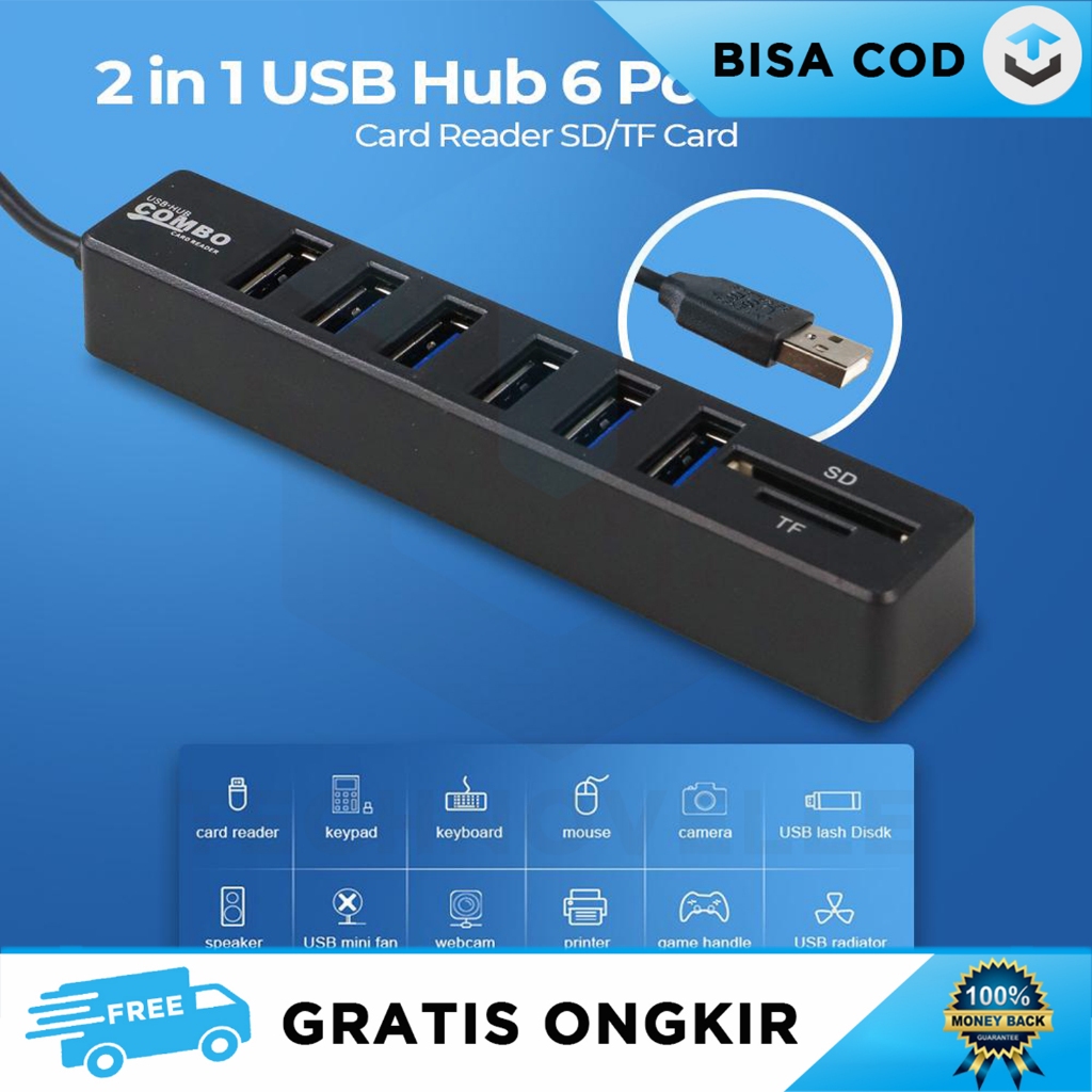 Jual USB HUB 6 PORT OUTPUT TAMBAHAN LAPTOP CARD READER 2 IN 1 TF ...