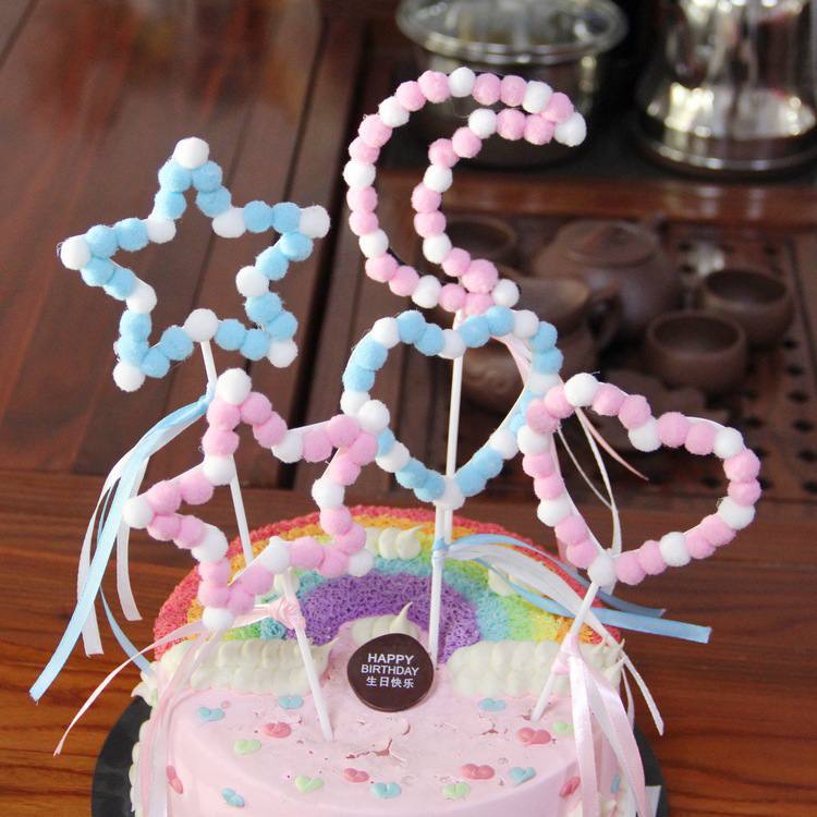 Jual CAKE TOPPER POMPOM BENTUK BINTANG DAN LOVE WARNA PINK DAN BIRU ...