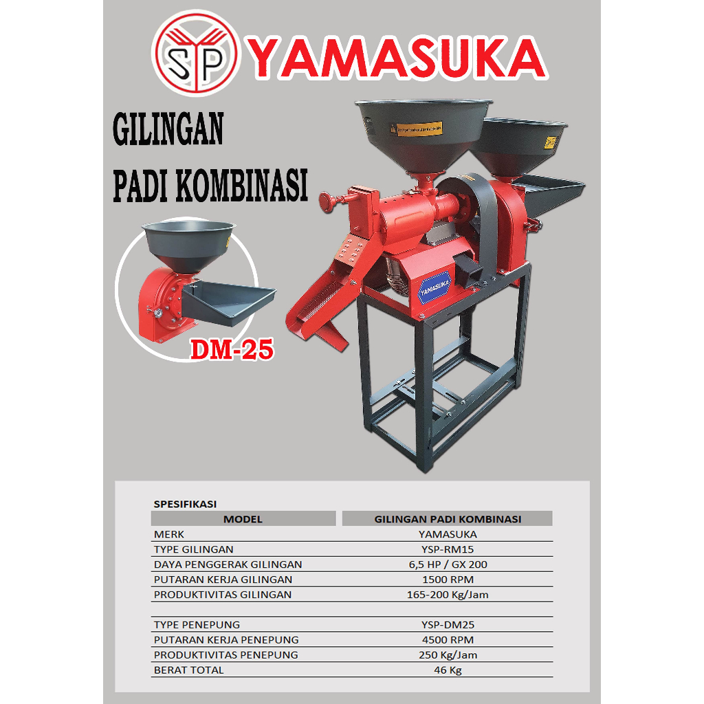 Jual Mesin penggiling padi mini rice mill yamasuka rm15 kombinasi dm25 ...