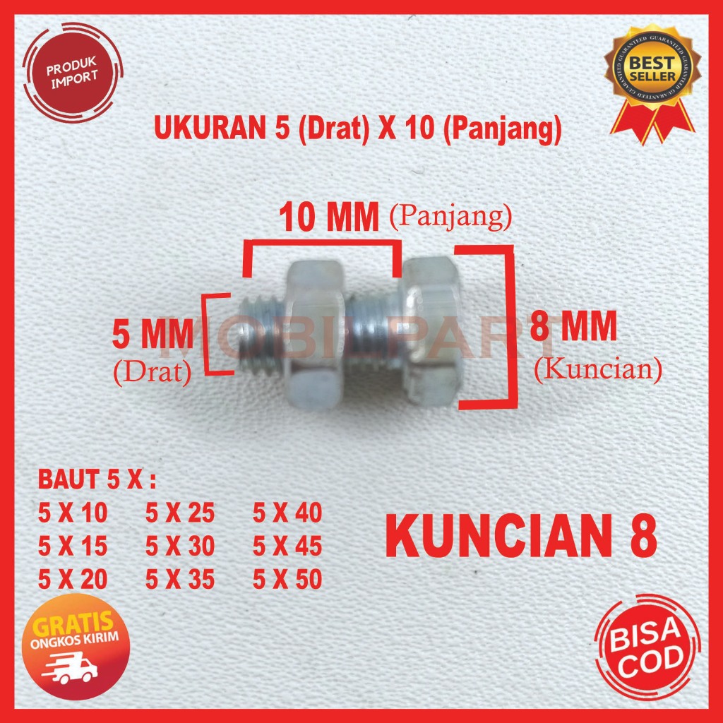Jual BAUT MUR M5 5 X 10 - 5 X 50 KUNCIAN 8 MM | Shopee Indonesia