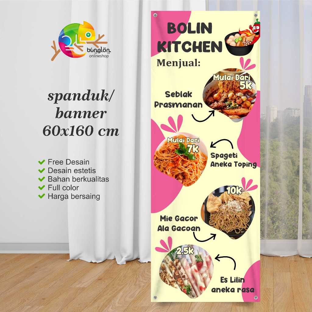 Jual Spanduk Banner 60x160 Bollin Kitchen Seblak Mie Gacor Custom ...