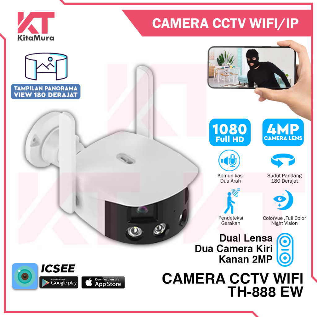 Jual CCTV Camera IP/Wifi, Panorama 180 Derajat, Dual Lensa Camera, 2MP ...