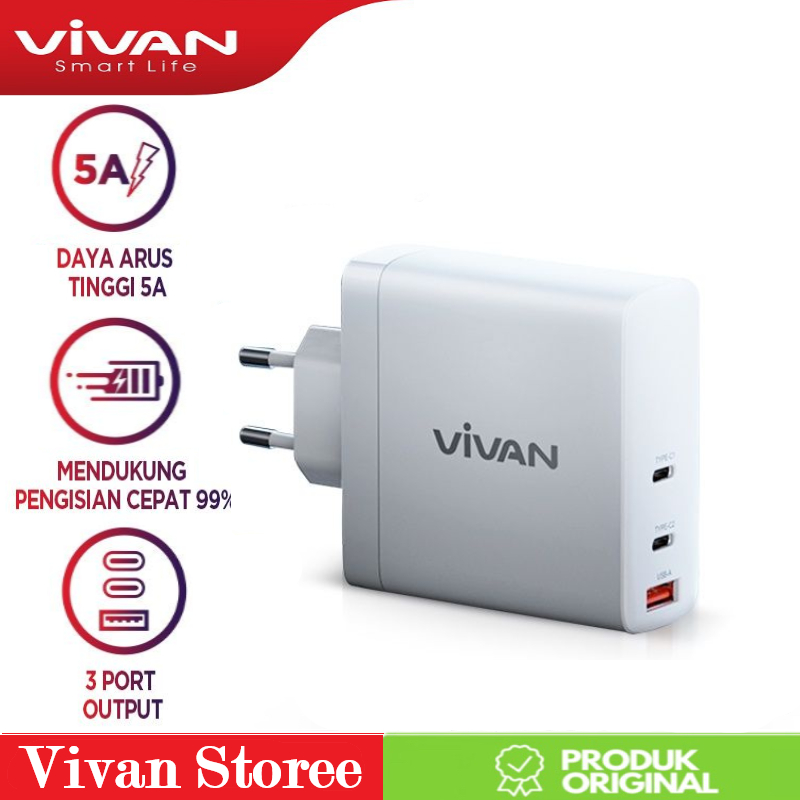 Jual VIVAN GaN04 Adaptor Charger 140W Quick Charging 3 Port 2USB-C 1USB-A Batok Charger Garansi ...