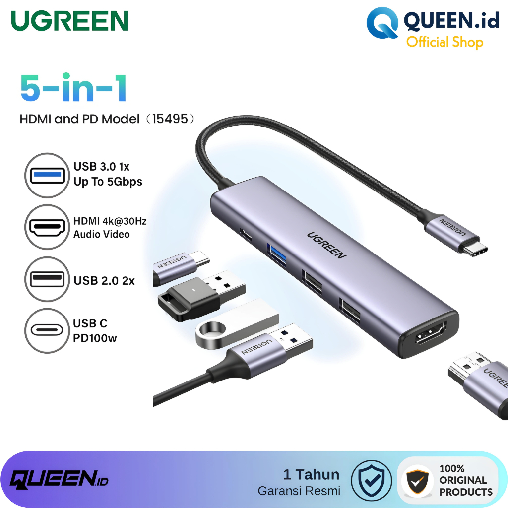 Jual UGREEN HUB Adapter Splitter 5in1 USB TYPE C TO USB HDMI 4K 30Hz Multiport - 15495 | Shopee ...
