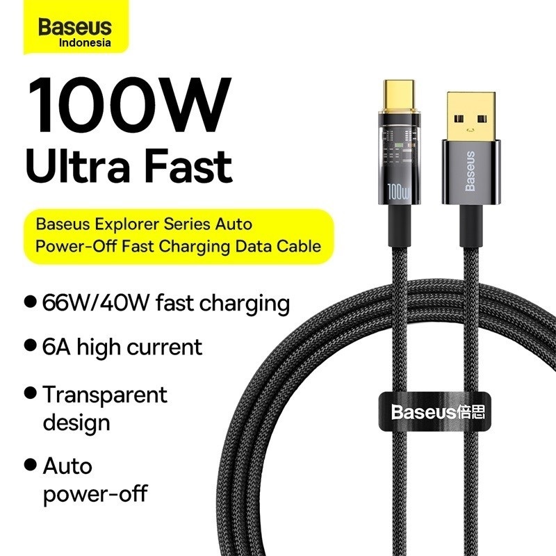 Jual Baseus Kabel Data Explorer Series Auto Power Off Cable USB to Type C 100W 6A 1M 1 Meter ...