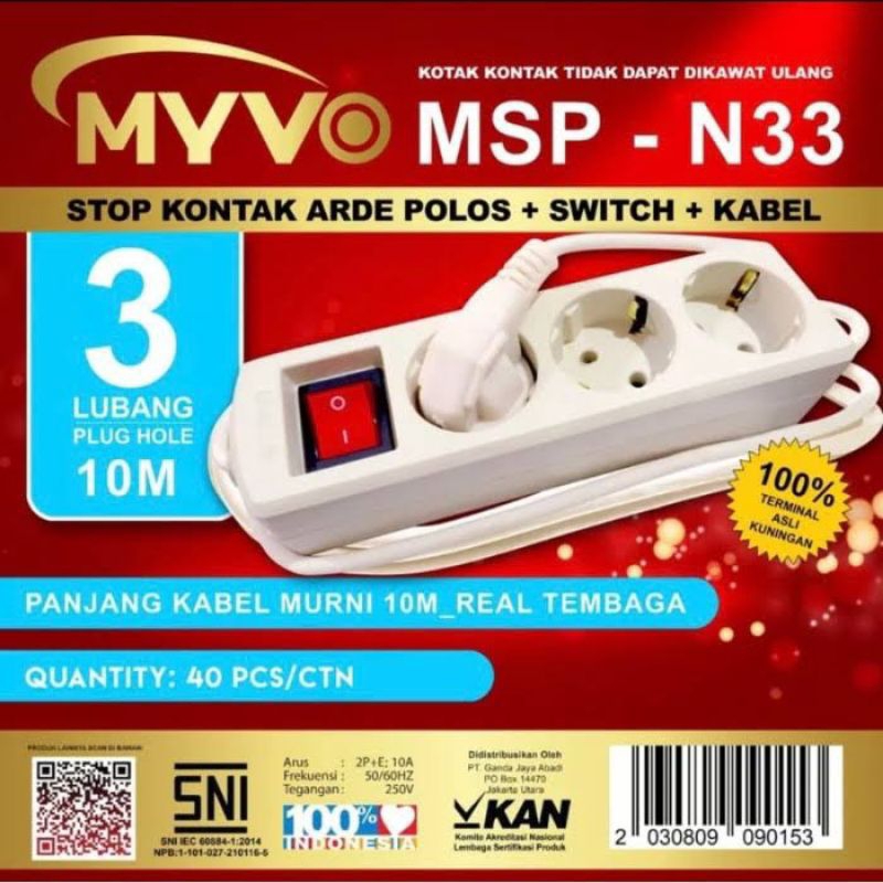 Jual MYVO STOP KONTAK KABEL + SWITCH 3 LUBANG 1.5M, 3M, 5M & 10M / MYVO ...