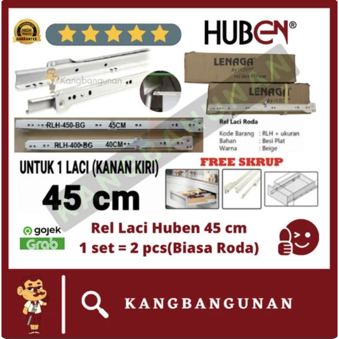 Jual Rel Laci Roda Huben 45 cm Putih Beige Drawer 1 Set Asli Huben ...