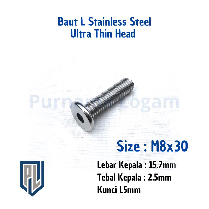Jual Baut L Ultra Thin M8 x 30 ( 3 cm ) Stainless 304 Baut Soket Super ...