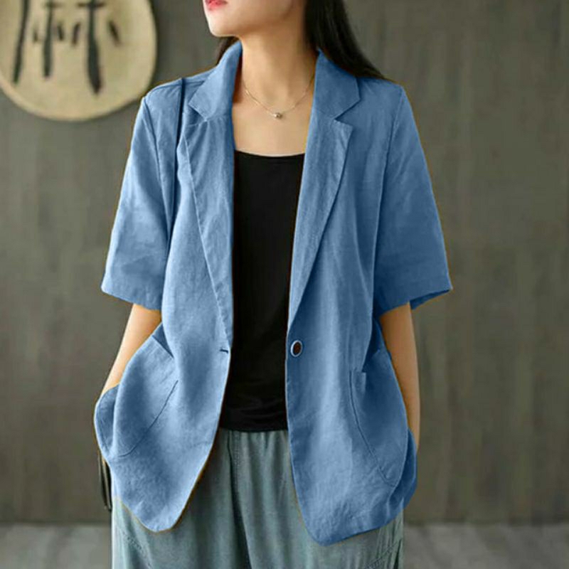 Jual Blazer Lengan Pendek Jumbo Wanita Linen Ld 100cm sampai 140cm ...