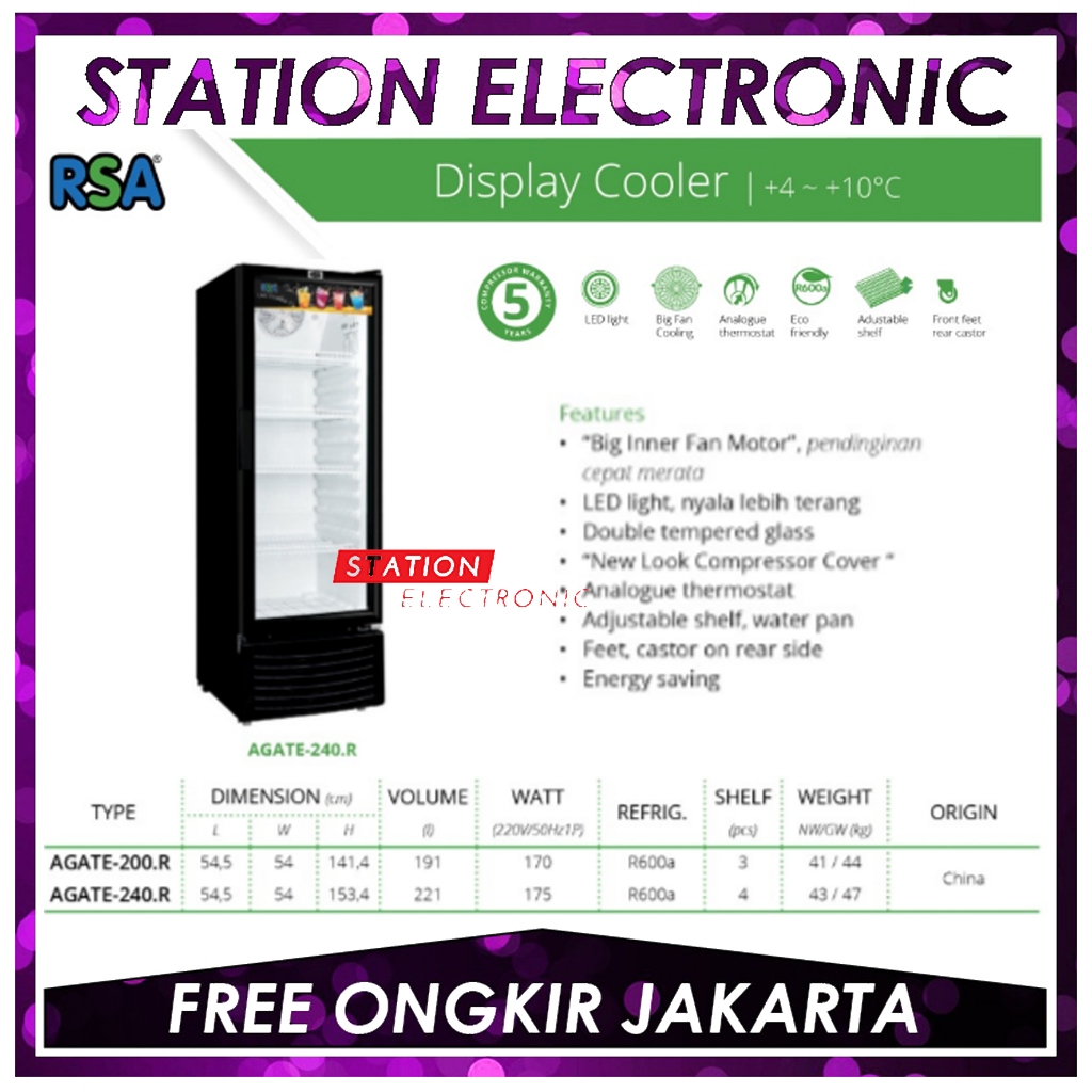 Jual RSA Showcase Cooler AGATE-240 / AGATE-240R (Lemari Pendingin Pintu ...