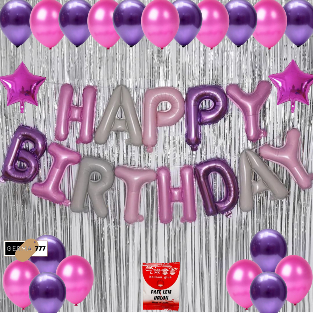 Jual Paket Set Dekorasi Ulang Tahun Balon Happy Birthday Ungu Tirai ...