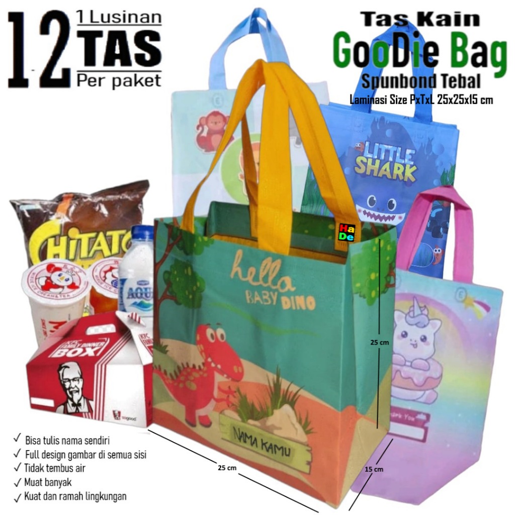 Jual 1 Lusinan isi 12 pcs Tas Kain Spunbond Goodie Bag Laminasi Anti Air Motif karakter sablon ...