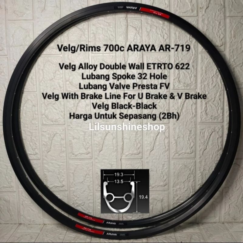 Jual Velg Rim 700 ARAYA 700c AR-719 Double Wall Brake Line 32H FV Black ...