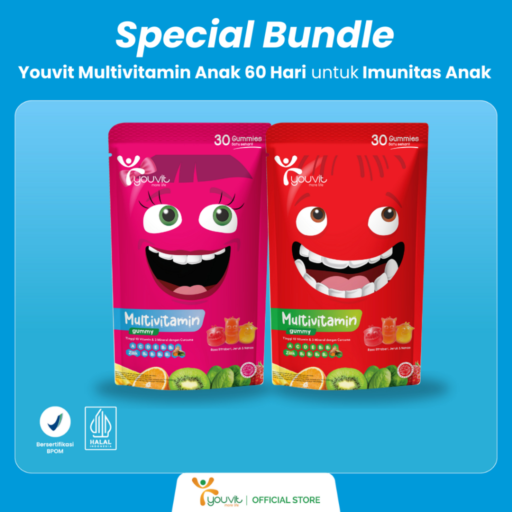 Jual Youvit Multivitamin Anak 60 Hari dengan Vitamin C, D, Zink, Sayur, Buah, Curcuma untuk ...