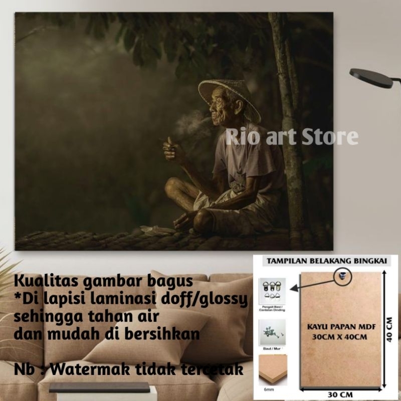 Jual Hiasan dinding poster lukisan kakek merokok di tepi sawah untuk ...