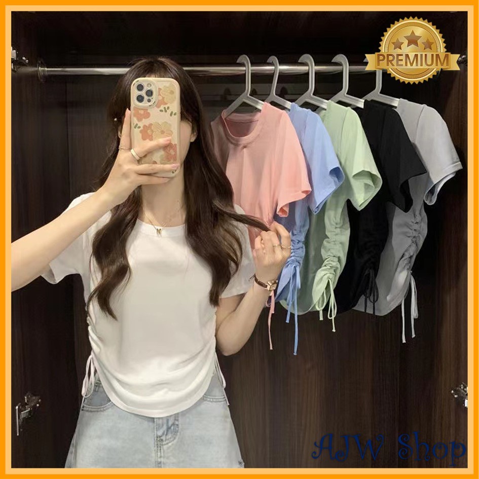 Jual AJW Crop Top Rajut Serut Samping Lengan Pendek HAW | Atasan Crop ...