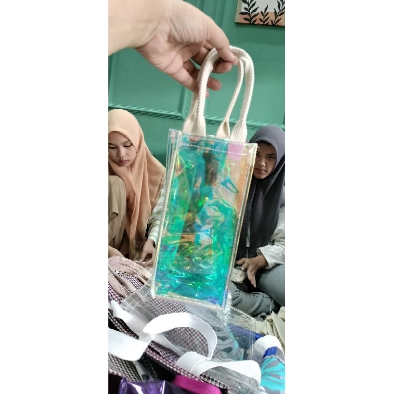 Jual tas mika hologram botol tumbler size 10*10*23 cm tali webbing ...