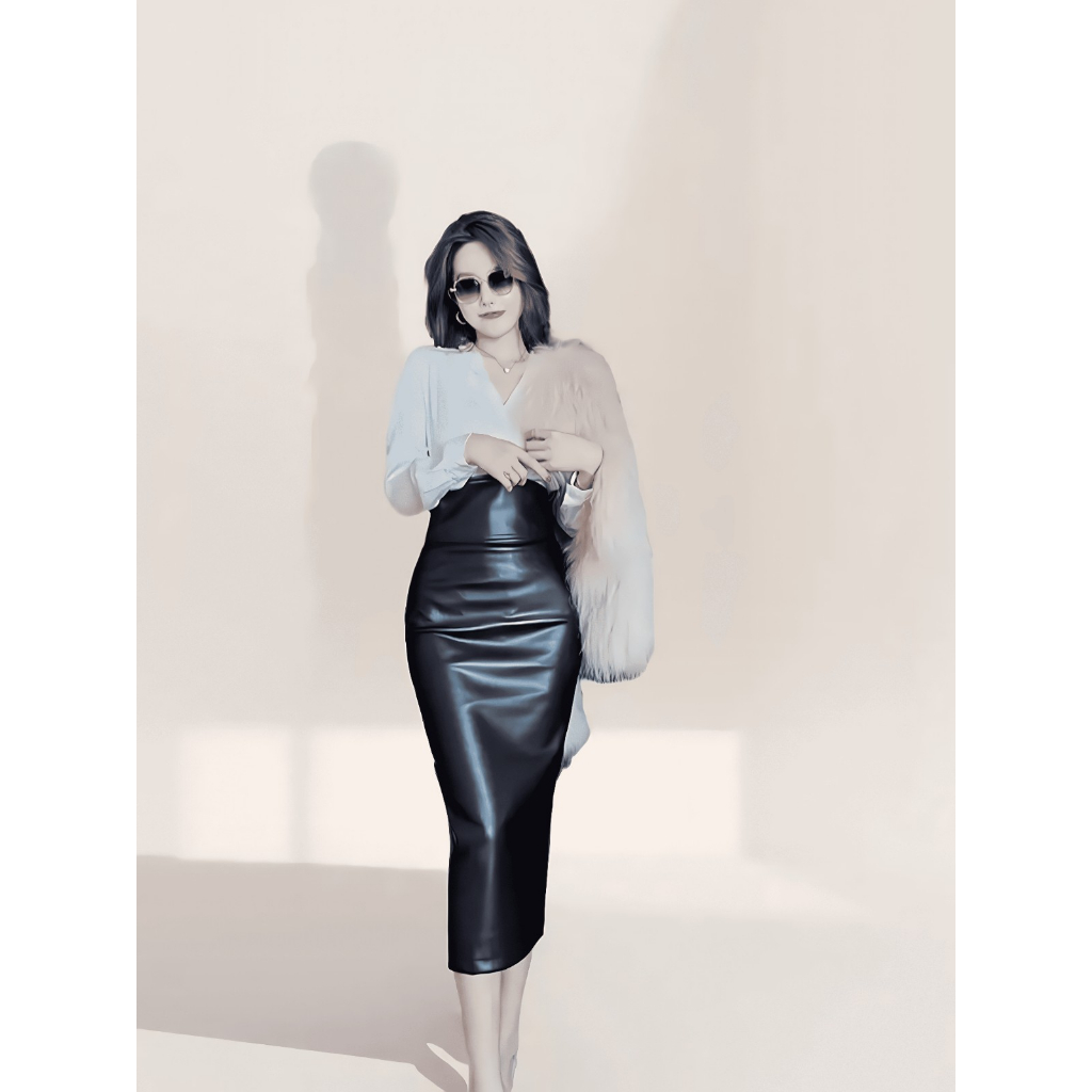 Jual Rok Pensil Musim Semi Midi Hitam Lembut Kulit Wanita dengan Sabuk ...