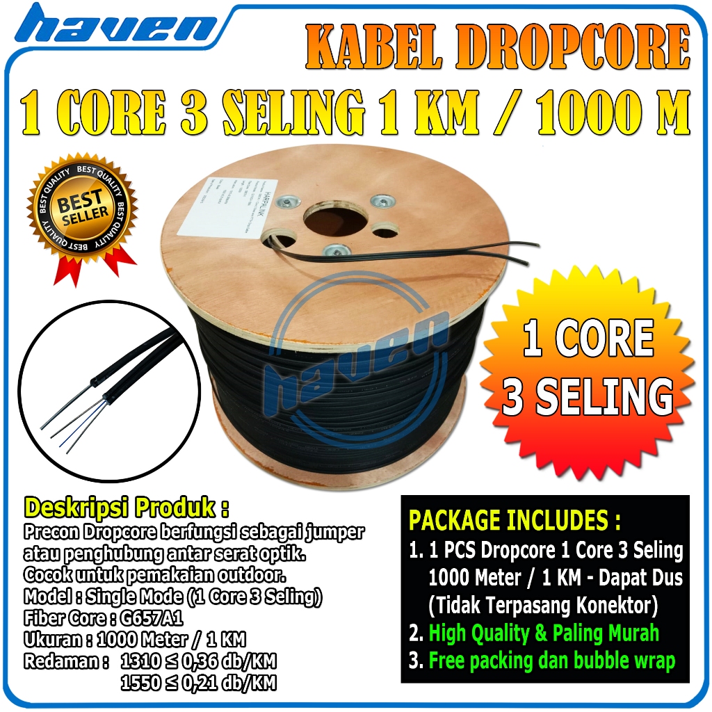 Jual Kabel Fiber Optic Dropcore 1000M 1 Core 3 Seling Kabel Fiber Optik 1000m FTTH Drop Wire DW ...