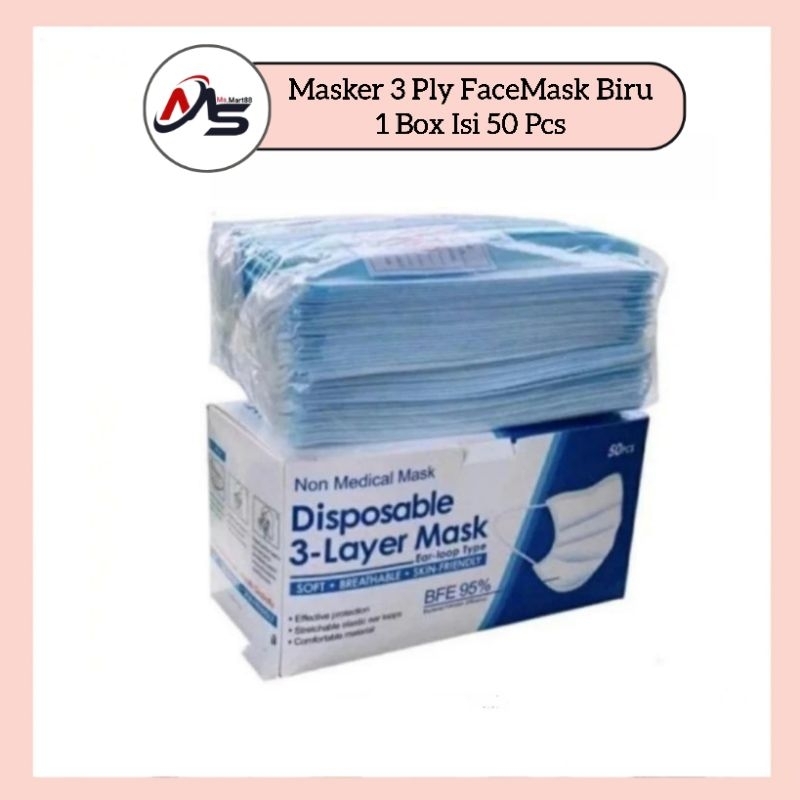 Jual Masker 3 Ply Face Mask Biru 1 Box isi 50 Pcs | Shopee Indonesia