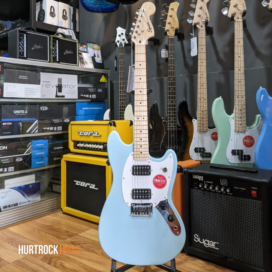 Jual Squier FSR Sonic Mustang w/White Pickguard, Maple FB, Sonic Blue ...