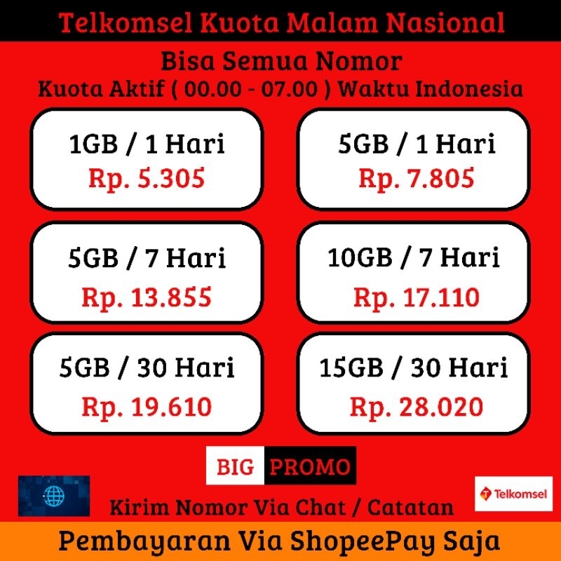 Jual BIG PROMO | Paket Data ( Kuota ) Malam Telkomsel Murah | Kuota Nasional Full 24 Jam – Bisa ...