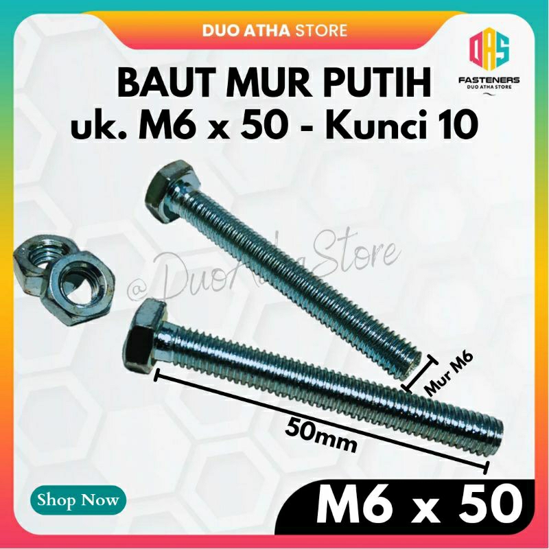 Jual M6x50 Baut Mur M6 X 50 BMP Galvanis Putih Kunci 10 | Shopee Indonesia