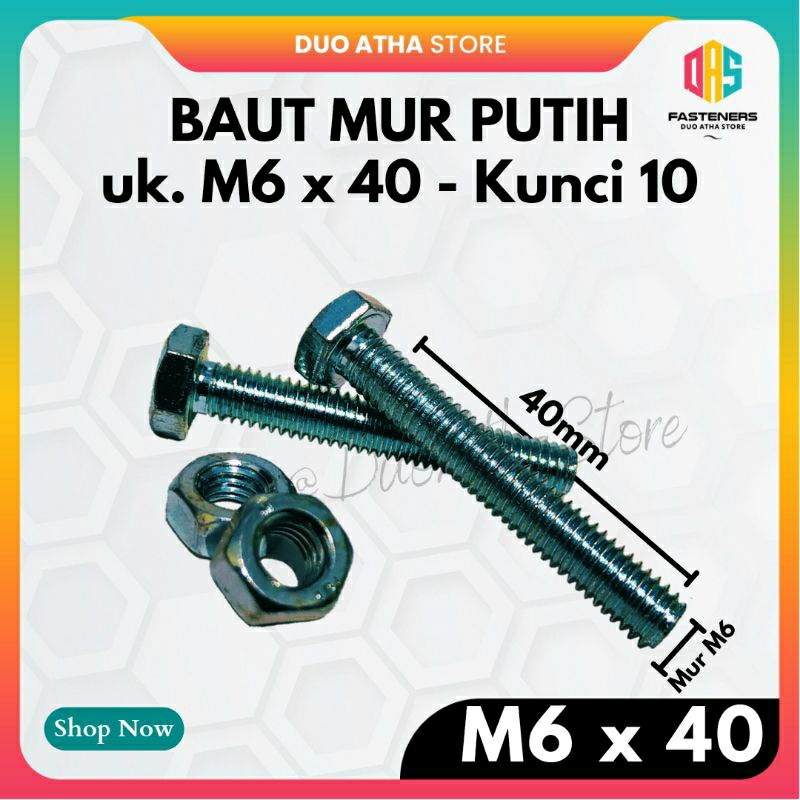 Jual M6x40 Baut Mur M6 X 40 BMP Galvanis Putih Kunci 10 | Shopee Indonesia