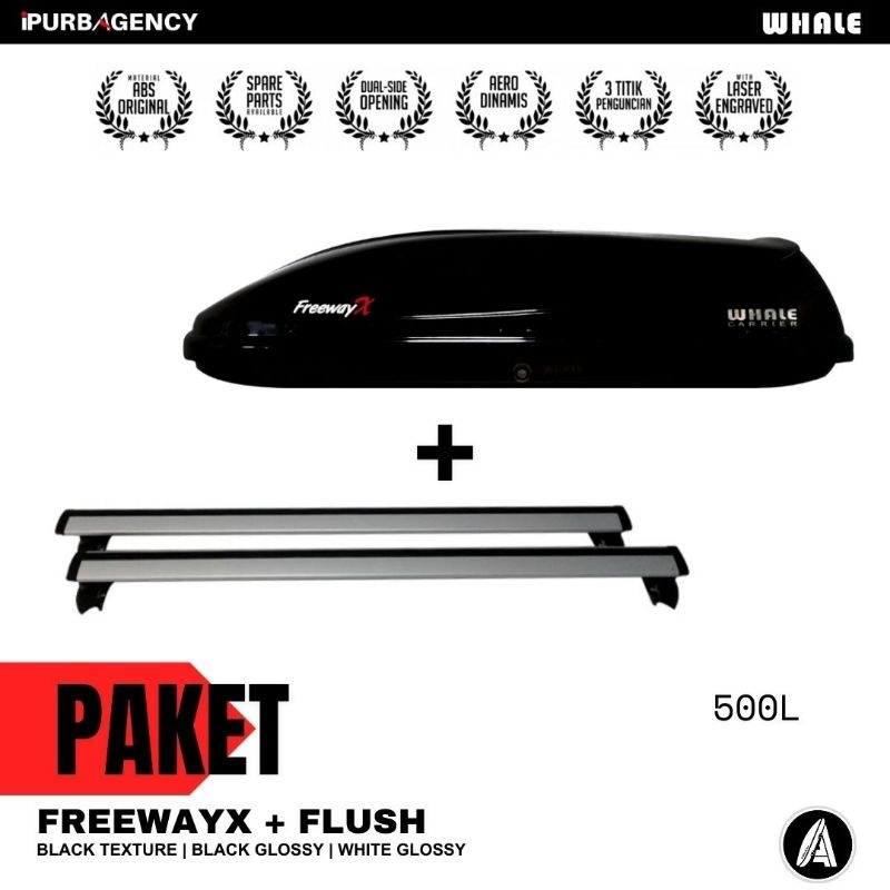 Jual Paket Roof box Whale Freeway X + Cross bar Flush rail: Universal ...