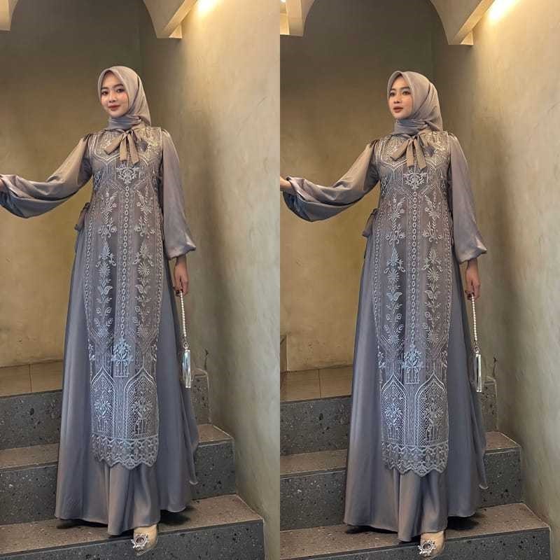 Jual CLARA DRESS BAHAN SATIN ROBERTO MIX OUTER TILLE MOTIF LD 120CM JUMBO DRESS KONDANGAN ...