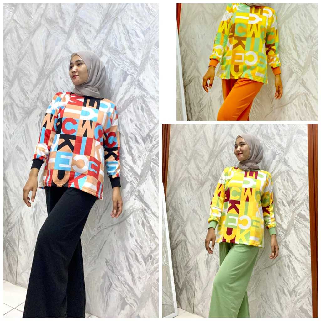 Jual One Set Leaf Setelan Combi Atasan Motif Dan Celana Panjang Wanita Motif Lengan panjang ...