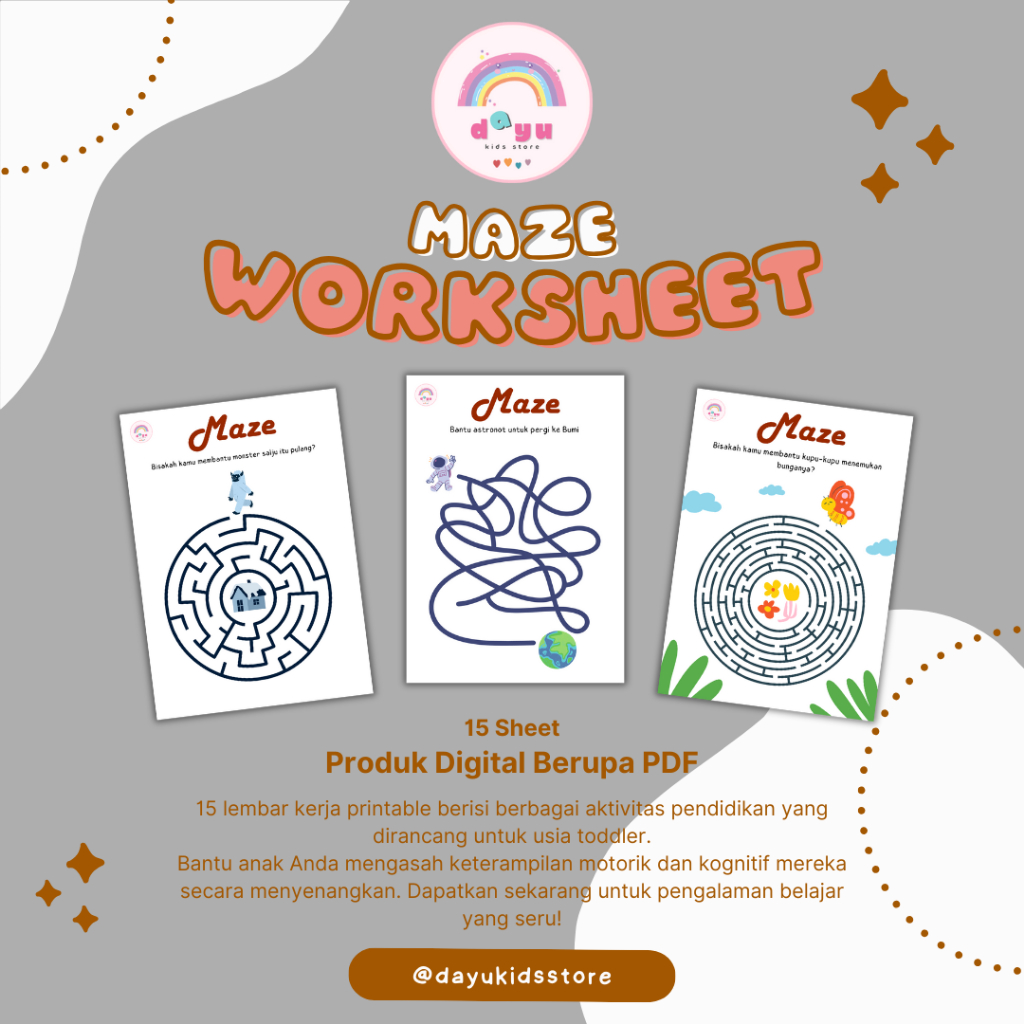 Jual Printable Worksheet Maze Labirin 15 Lembar Kerja Aktivitas Anak PAUD Buku Belajar Edukasi ...