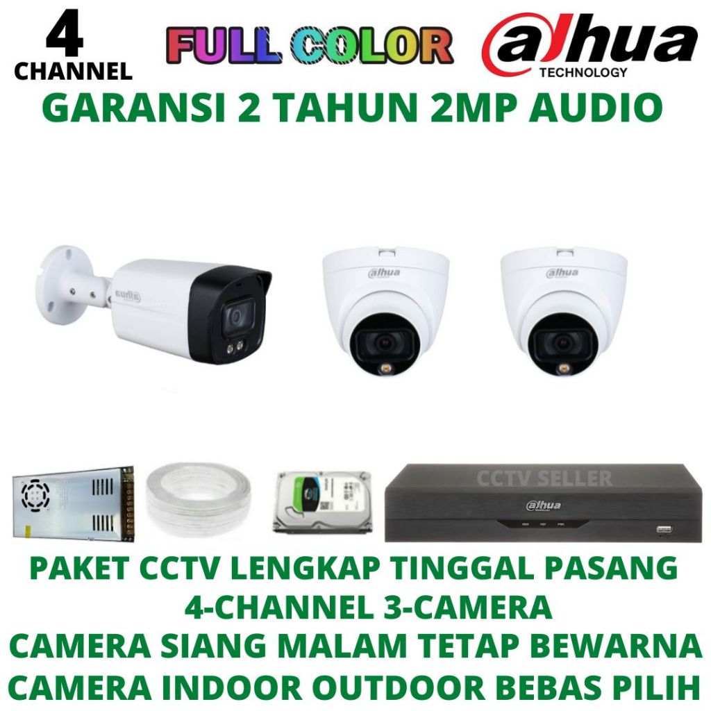 Jual PAKET CCTV DAHUA 2MP COLORVU AUDIO 4 CHANNEL 3 CAMERA FULL COLOR | Shopee Indonesia