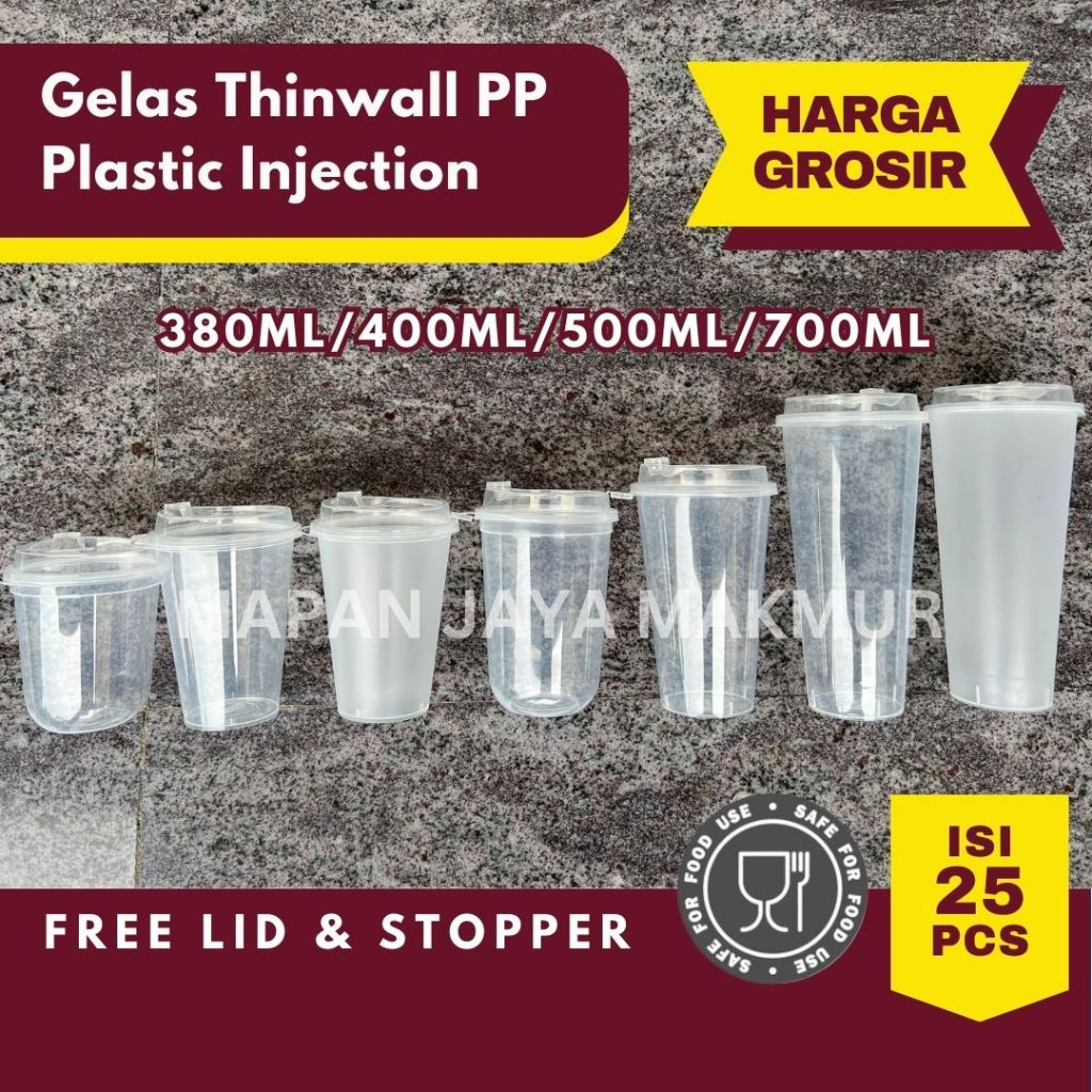 Jual Gelas Cup Injection PP THINWALL (isi 25) 380ml / 400ml / 500ml / 700ml (Cup + Lid + Stopper ...