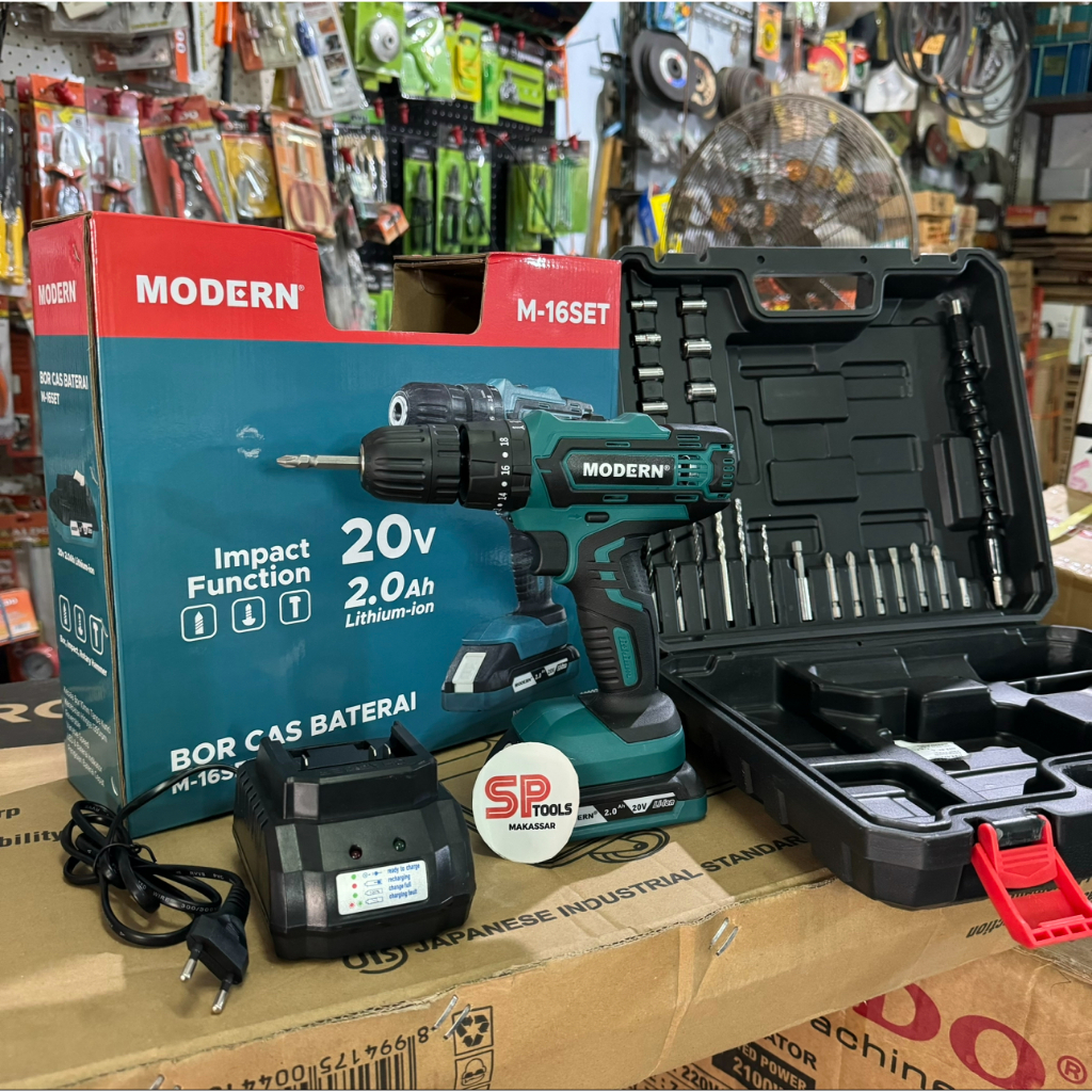 Jual MESIN BOR BATERAI CAS CORDLESS IMPACT BETON 10MM 20V SET MODERN ...