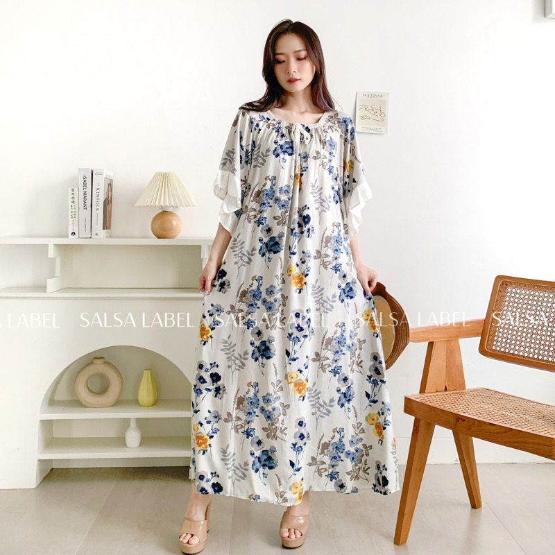 Jual Mozza dress tangan ruffle rayon motif, daster long kekinian ...