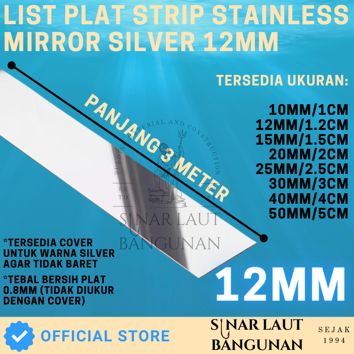 Jual LIST PLAT STRIP MIRROR SILVER STAINLESS STEEL 201 12MM | Shopee ...