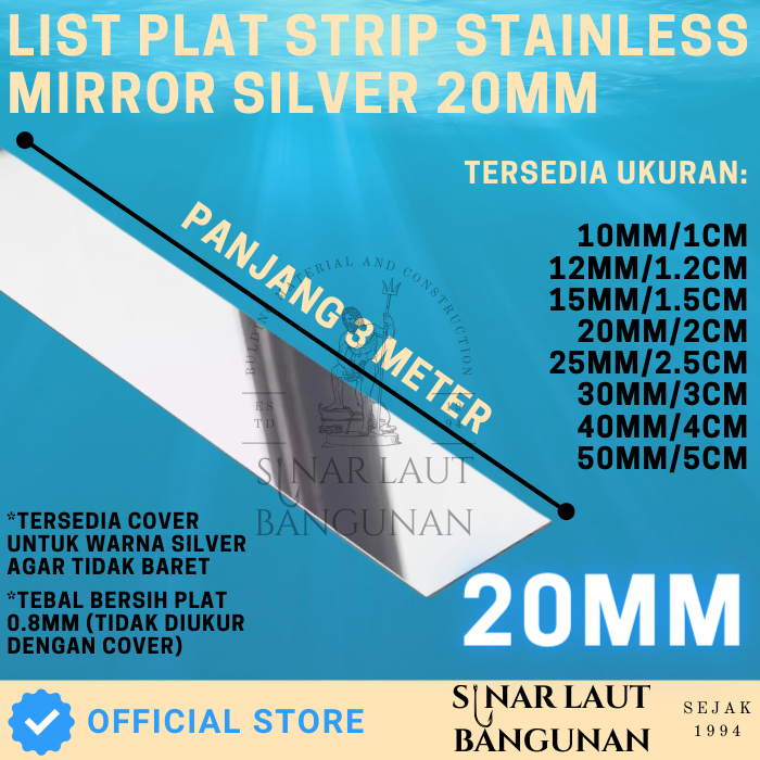 Jual LIST PLAT STRIP MIRROR SILVER STAINLESS STEEL 201 20MM | Shopee ...