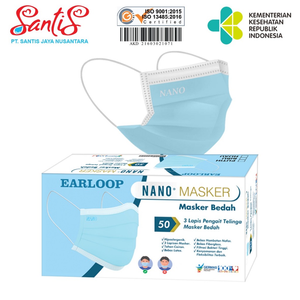 Jual Masker Earloop-Headloop/Hijab 3 ply NANO isi50pc (Izin Kemenkes ...