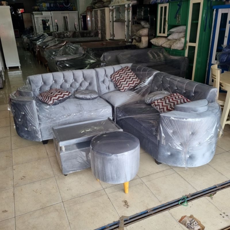 Jual (Free Ongkir) Sofa Set L Sudut Beludru Cantik Plus Puk Bulat dan ...