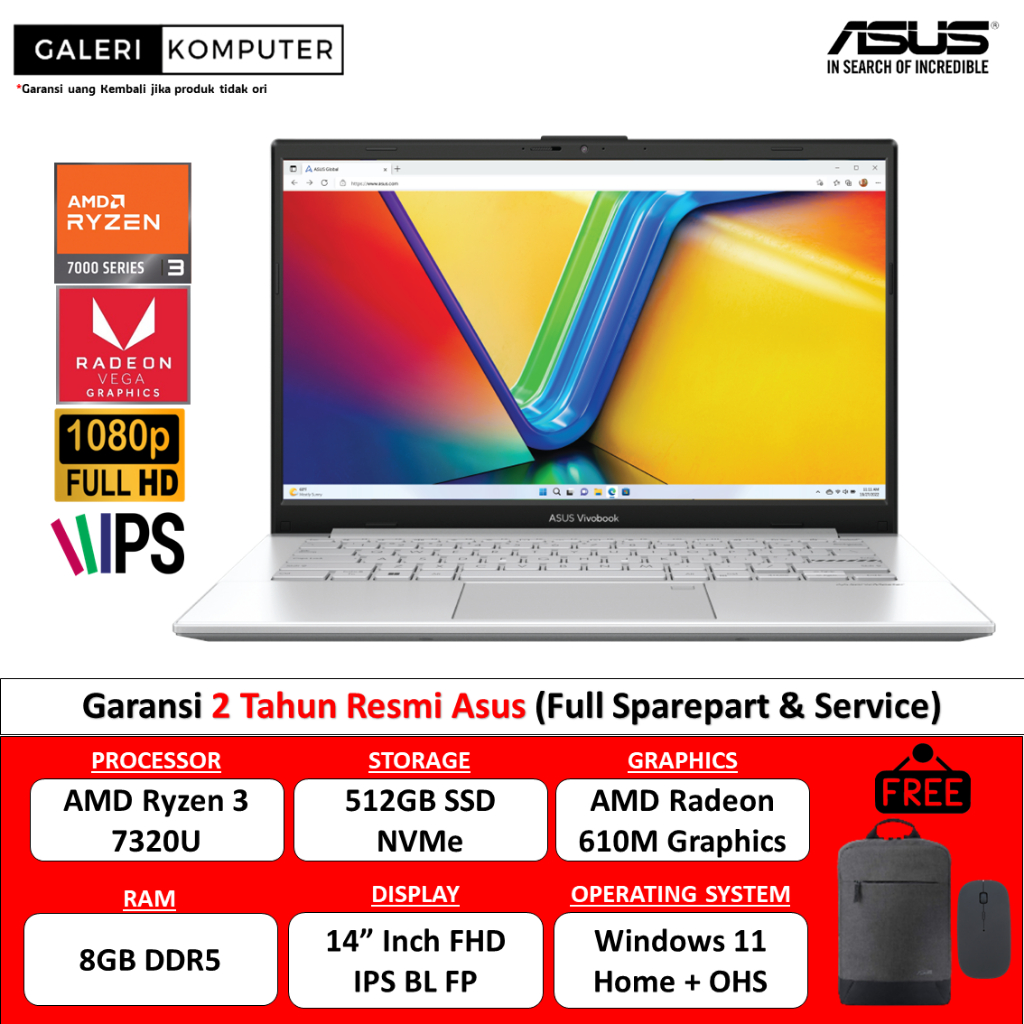 Jual Laptop Gaming ASUS Vivobook Go 14 E1404FA AMD Ryzen 3 7320U 8GB ...